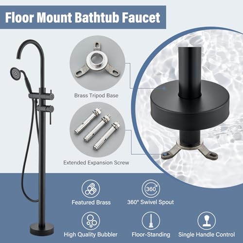 Freestanding Bathtub Faucet Floor Mount Tub Filler Matte Black Standing High Flow Shower Faucets with Handheld Shower Mixer Taps Swivel Spout