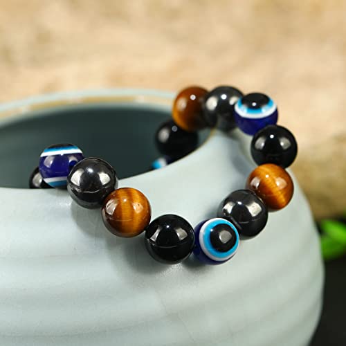 mens beaded bracelets(evil eye, tigers eye,hematite, obsidian)A handmade beaded crystal healing bracelet that can bring luck, happiness and protection(10mm elastic)