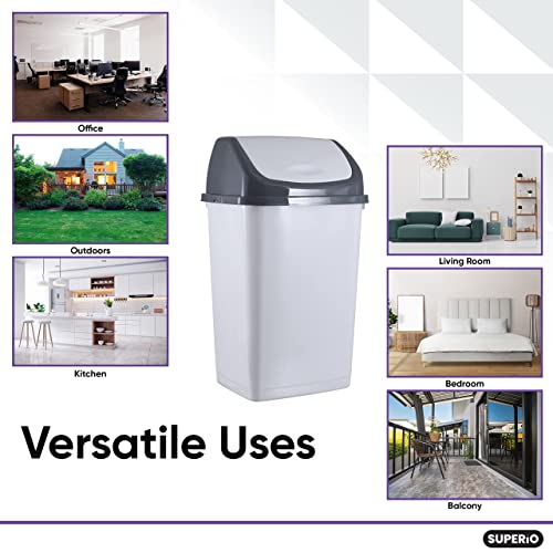 Superio Swing Top Trash Can, Waste Bin for Home, Kitchen, Office, Bedroom, Bathroom, Ideal for Large or Small Spaces - White Smoke (3 Pack- 4.5 Gal, 9 Gal, 13 Gal)
