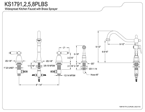 Kingston Brass KS1798PLBS Heritage Widespread Kitchen Faucet with Handle Sprayer, Brushed Nickel, 12.38 x 8.56 x 2