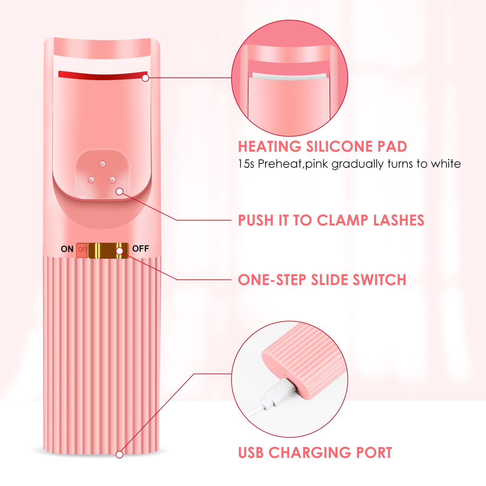 Heated Eyelash Curlers, Electric Eyelash Curlers, Rechargeable Lash Curler with Flexible Silicone Pad, Long-Lasting, Natural Curling Eye Lashes, Pink
