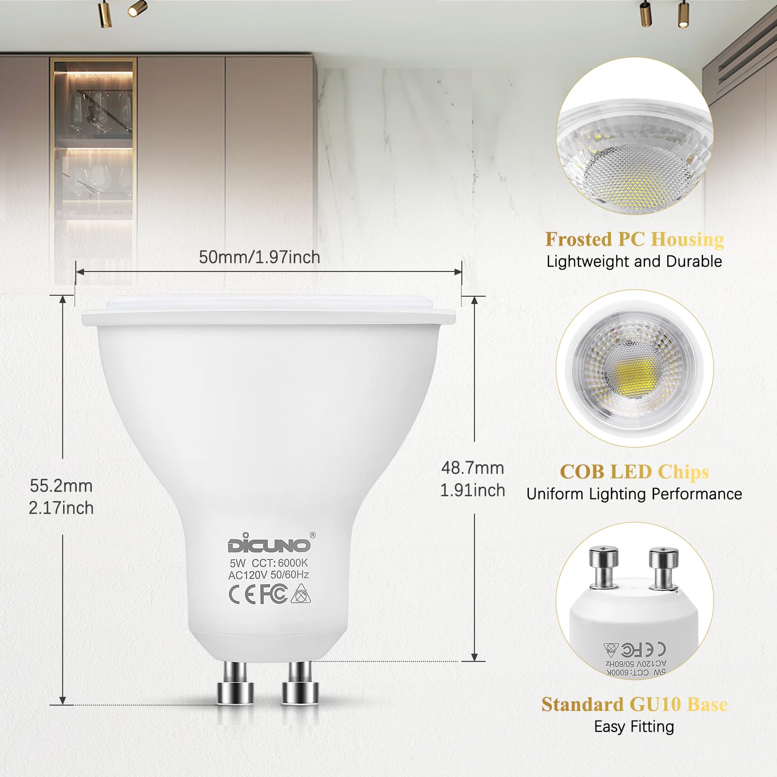DiCUNO GU10 LED Bulbs 5W Daylight White, 6000K, 500lm, 45 Degree Beam Angle, Spotlight, 50W Halogen Bulbs Equivalent, Non-dimmable MR16 LED Light Bulbs, 6-Pack