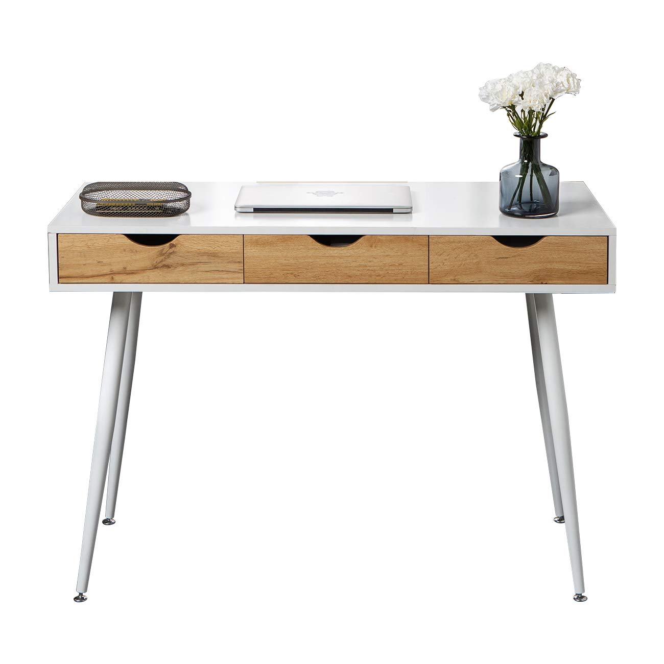 soges Mid Century Desk with Drawers, 3-Drawer Writing Study Desk, 43.3 inches Home Office Computer Desk for Small Space, Multifunctional Vanity Table Desk, White