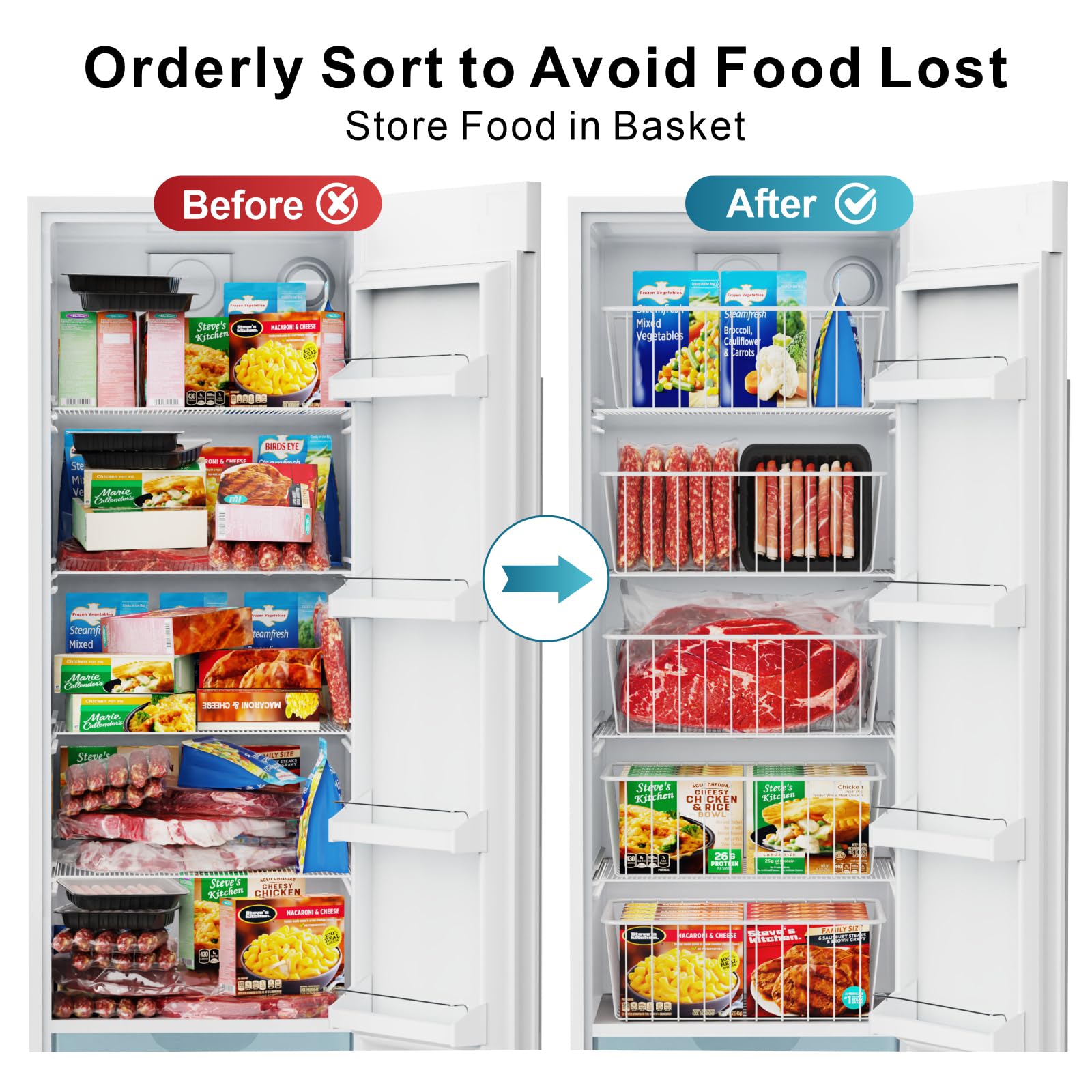 iSPECLE Freezer Organizer Bins - 4 Pack Small Freezer Bin for 5 / 6 / 6.5 / 6.8 / 7 cu.ft Standup Freezer Easy Get, Stop Food Fall out, Freezer Baskets for Upright Freezer Allow Air Circulation, White