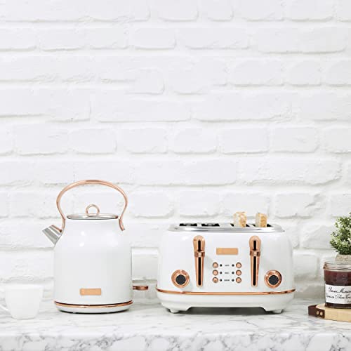 HADEN Heritage Stainless Steel Bread Toaster - 4-Slice Wide Slot Toaster with Button Settings, Removable Crumb Tray with Bagel and Defrost Settings - Ivory and Copper