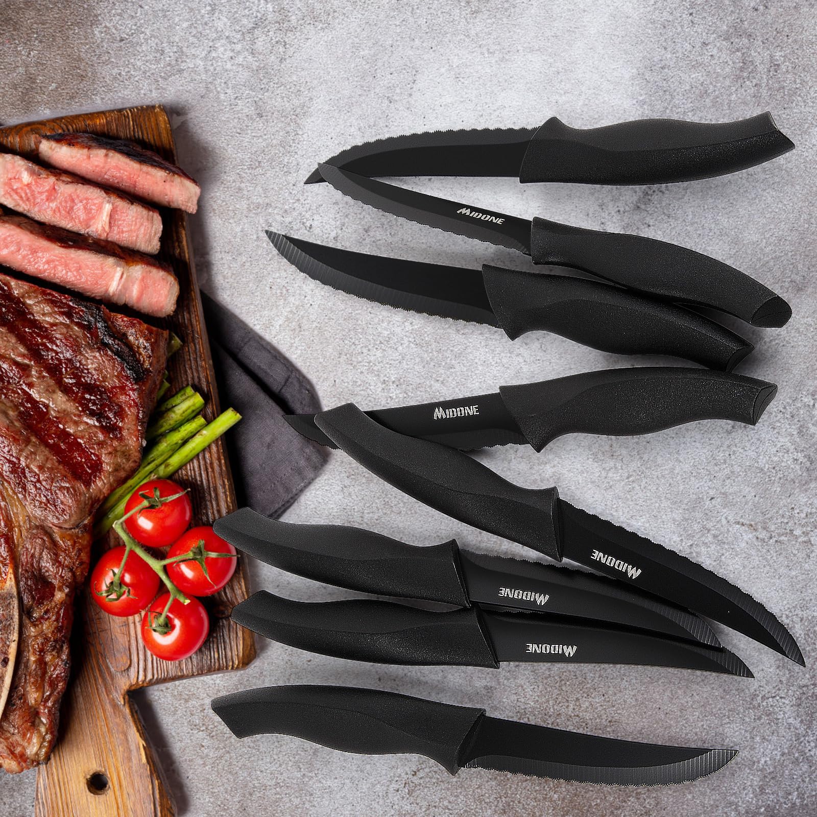MIDONE 8 Pcs Steak Knives, Steak Knives Set of 8, High-Carbon Stainless Steel Steak Knife Set, Ergonomic Handles Serrated Steak Knives for Precise Cutting, Elegant Black