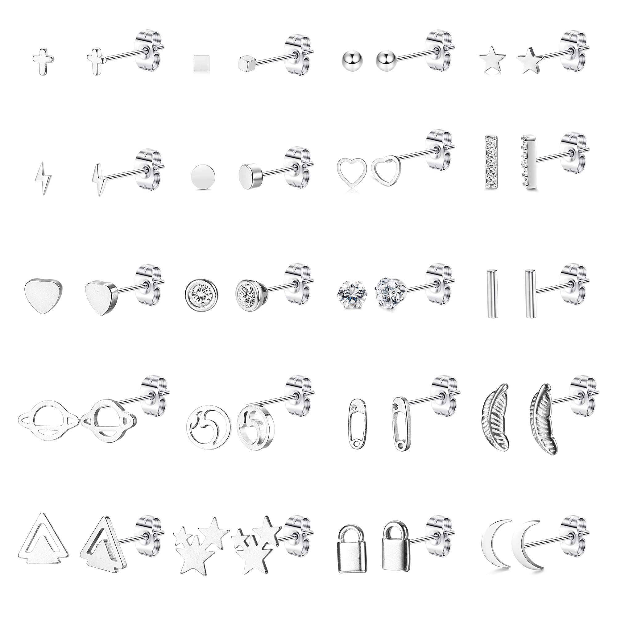 DOLOTTA 20 Pairs Surgical Steel Stud Earrings Set for Women Dainty Earrings Small CZ Heart Moon Star Geometric Stud Earrings Tiny Stud Earrings for Women