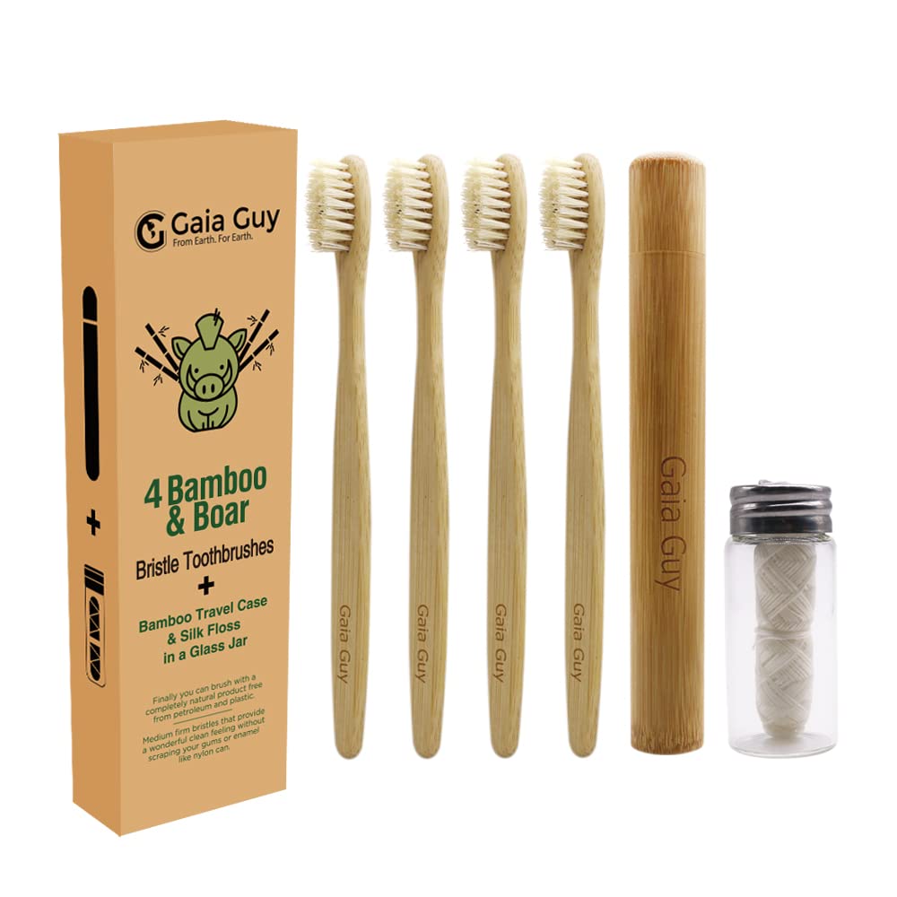 Gaia Guy Plastic-Free Eco Dental Kit - Bamboo and Boar Bristle Toothbrushes, Silk Floss, Travel Case and Copper Tongue Scraper
