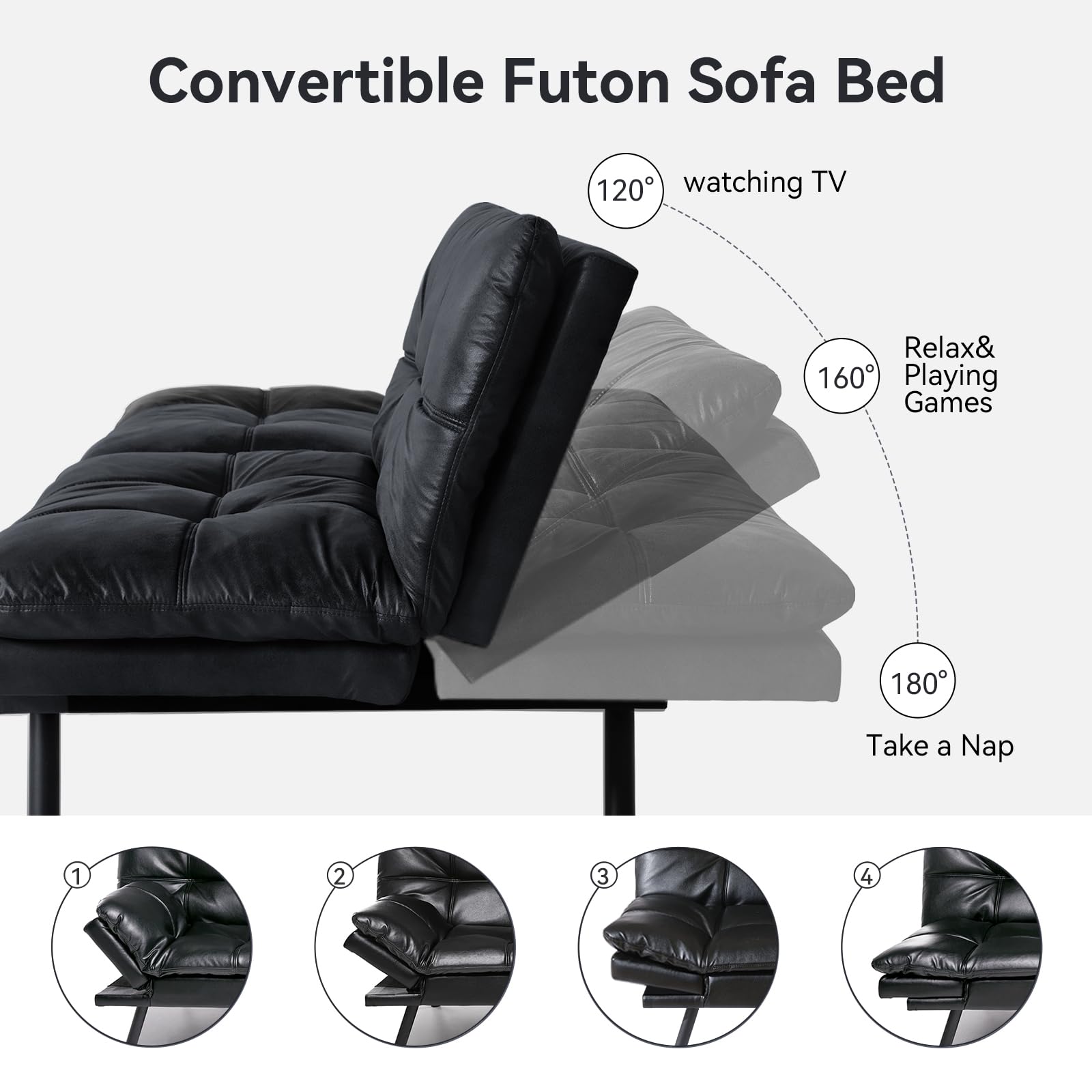 Hcore Convertible Faux Leather Futon Sofa Bed Couch,Memory Foam Futon Sofa Couch,Loveseat Sleeper Sofa Bed,Small Splitback Modern Sofa Bed for Living Room,Office,Apartment,Bright Black
