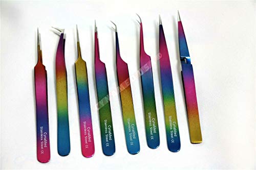 Cynamed-Set of 8 Piece German Stainless Steel Titanium Color Eyelash ExtensionTweezers