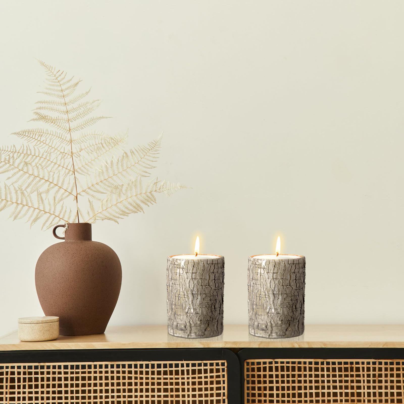 MTLEE Set of 6 Small Birch Bark Candle, Pillar Candles Wrapped with Birch Bark, Real Wax Rustic Candles, Birch Candles for Home Restaurant Wedding Party Decoration, D 3 x H 4