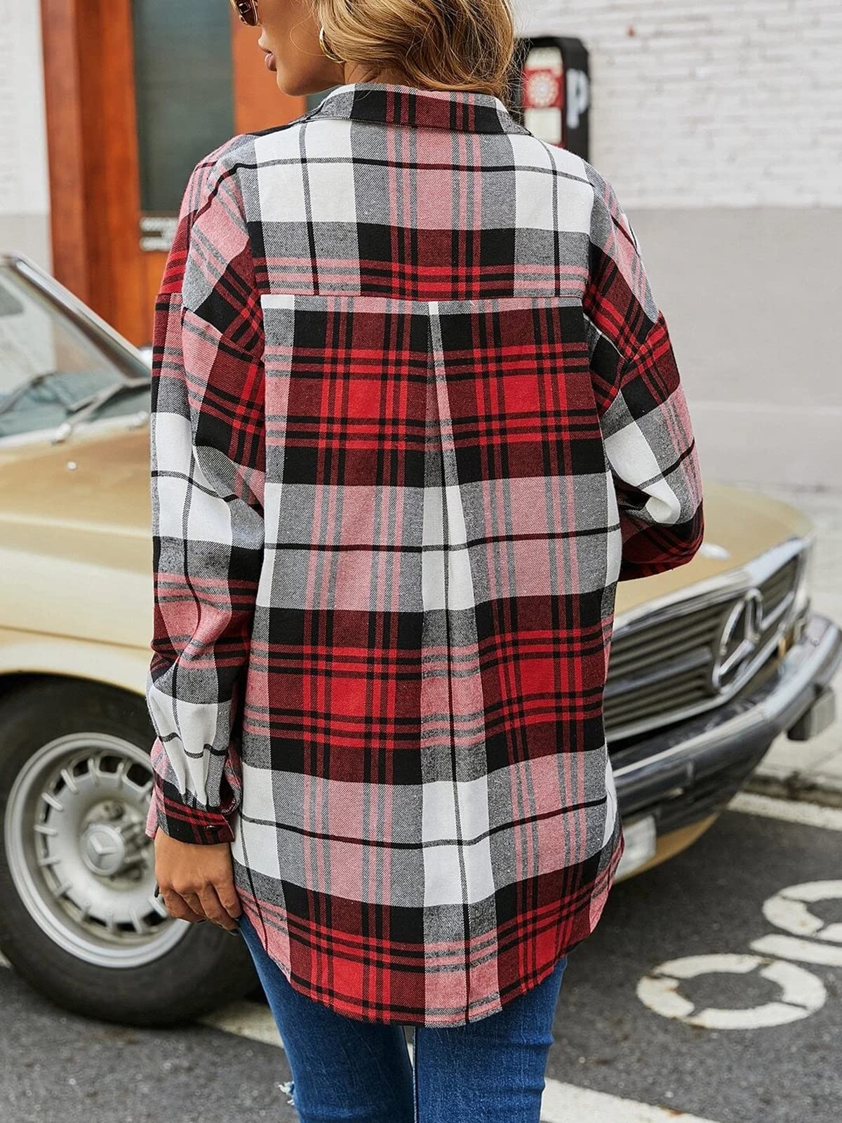 DJT FASHION Womens Fall Flannel Shirts Long Sleeve Button Down Shirt Plaid Tops with Pocket Small Red