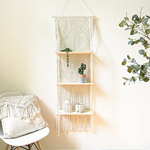 M MANUAL Macrame Wall Hanging Shelf - 3 Tier Wall Shelves Boho Wall Decor Storage Shelf for Bathroom Bedroom Living Room Large Handmade Boho Home Decor Bedroom Living Room Handmade Boho Home Decor