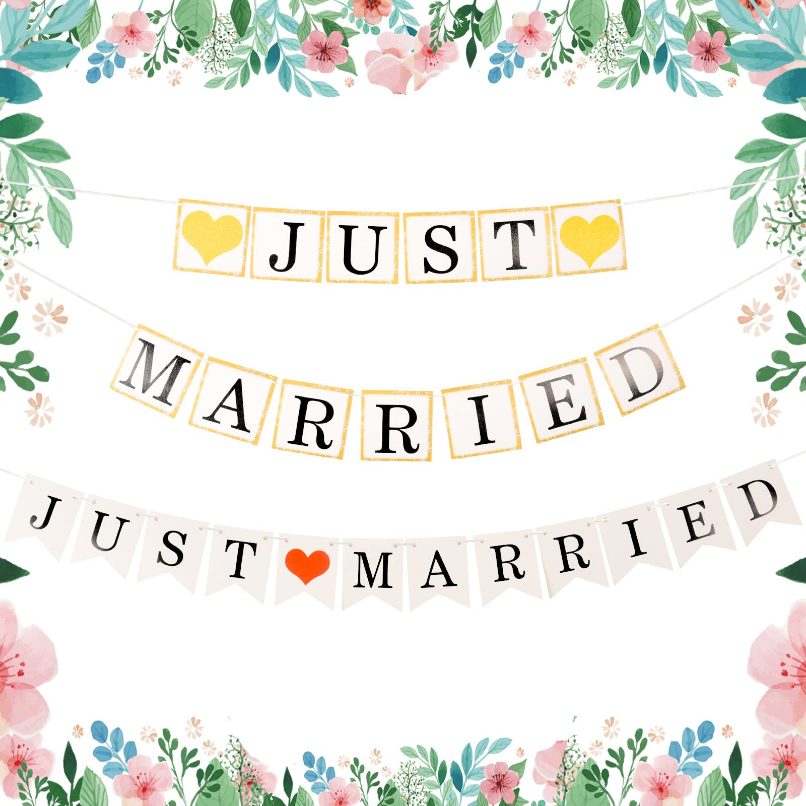 Tatuo 2 Sets Just Married Wedding Banners Bunting Garland Photo Props Signs with Heart for Bridal Shower Wedding Party Decoration