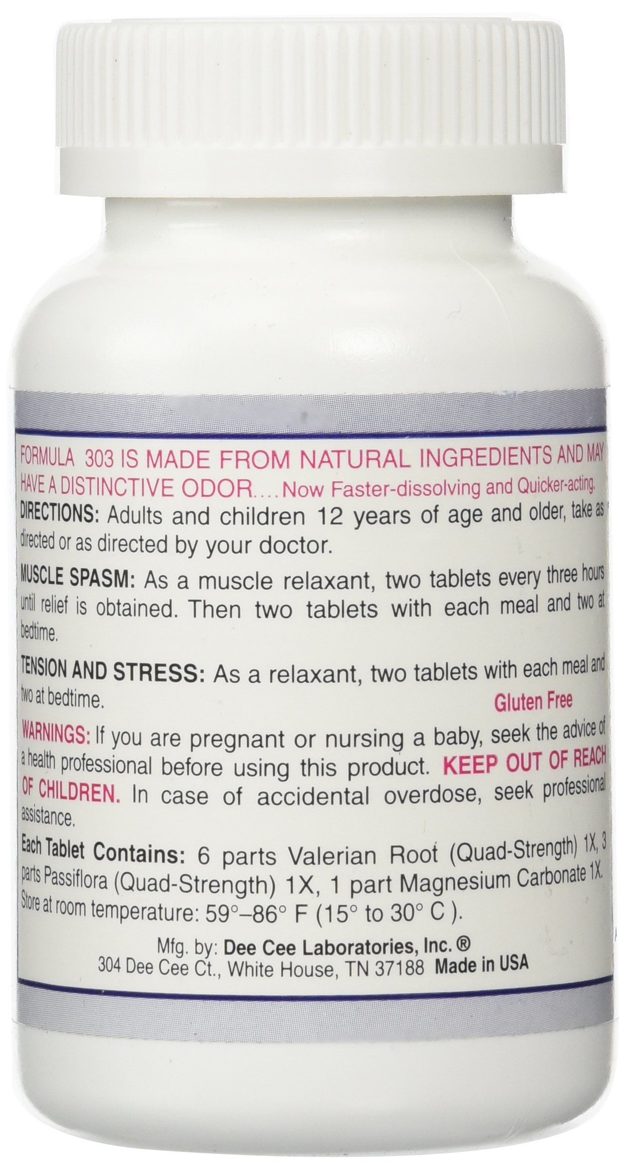 Dee Cee Labs Formula 303 Maximum Strength All-Natural Relaxant Tablets, 250 Tablets; All-Natural Relaxant containing Magnesium for Sore Muscles, Passion Flower, and Valerian Root