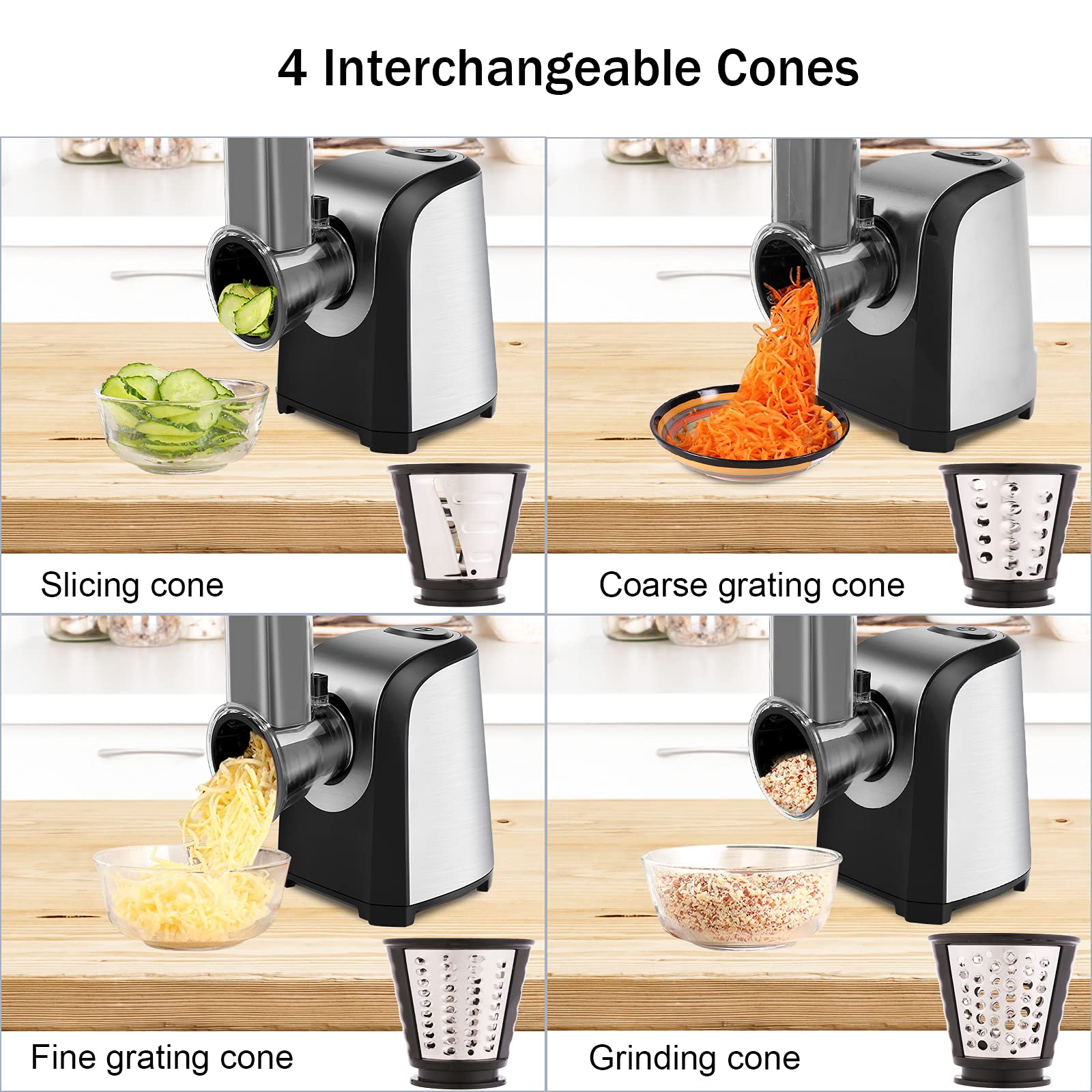 Electric Cheese Grater,Professional Electric Slicer Shredder,150W 4 in 1 Electric Salad Machine for Fruits, Vegetables, Cheeses, Salad Maker with 4 Free Attachments for Home Kitchen Use