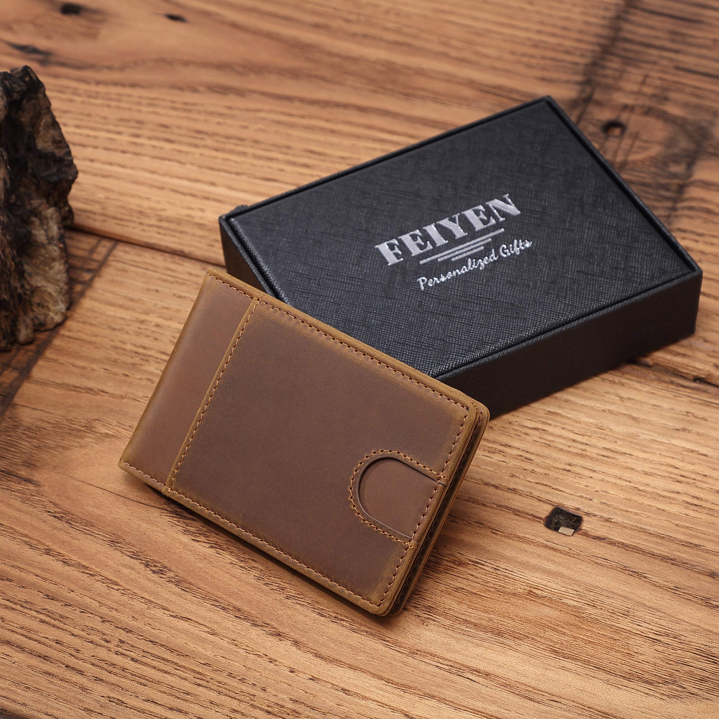 FeiYen Personalized Custom Engraved Minimalist Slim Metal Money Clip Wallet for Husband Dad Son Boyfriend Him - RFID Blocking Mens Leather Front Pocket Bifold Wallets with Mini Credit Card Holder
