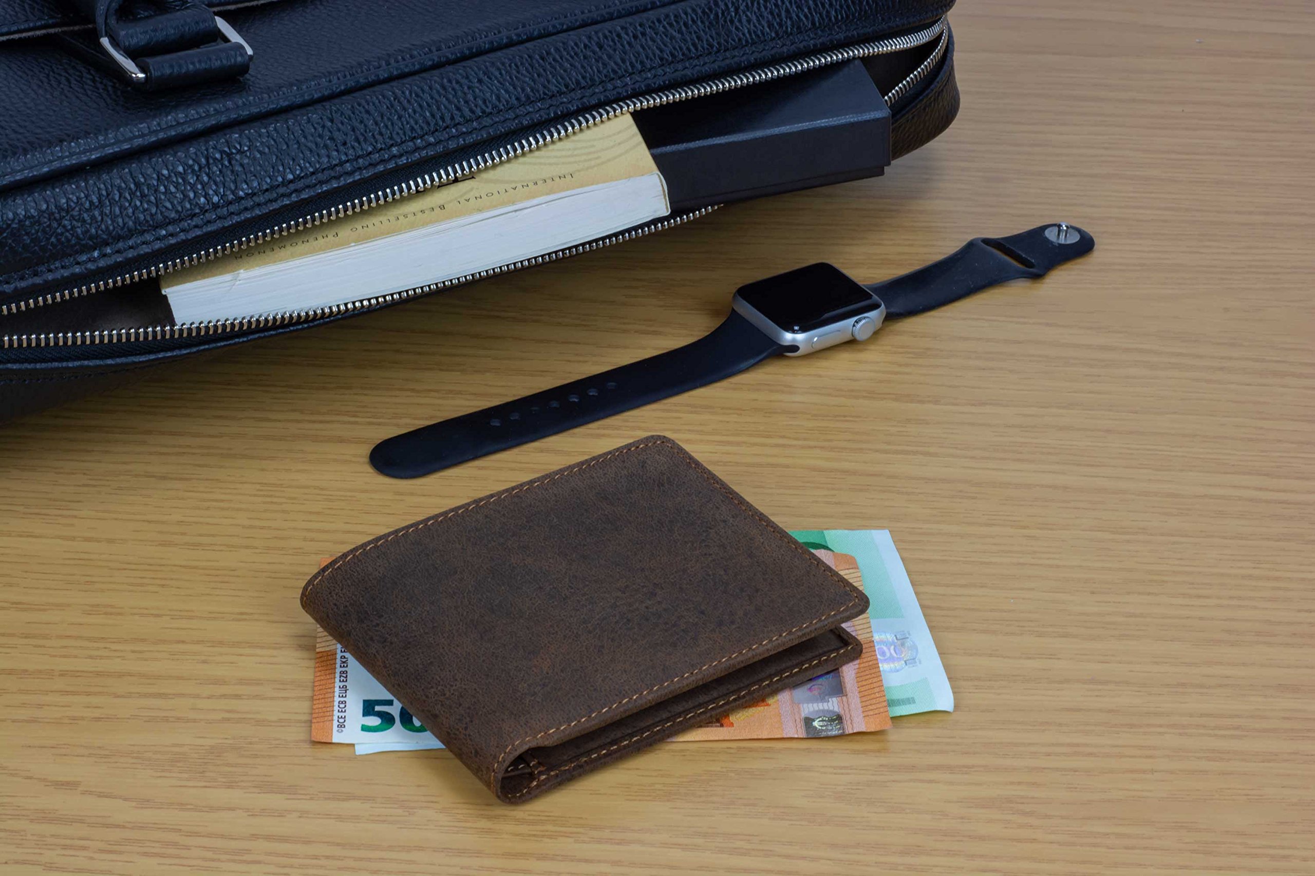 DiLoro Men's Slim Minimalist Bifold Genuine Full Grain Real Buffalo Leather with RFID Double Money Long Pocket and 8 cards (Dark Hunter Brown)