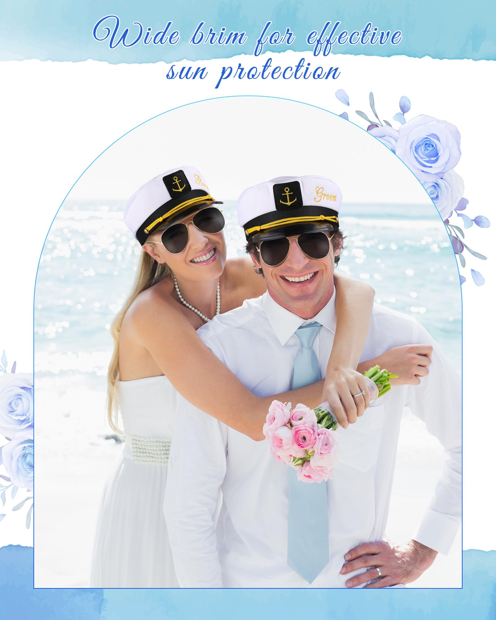Mepase 4 Pcs Bride Groom Captain Hats and Sunglasses Set Bachelorette Party Hats Captain Hat for Wedding Bridal Shower Honeymoon