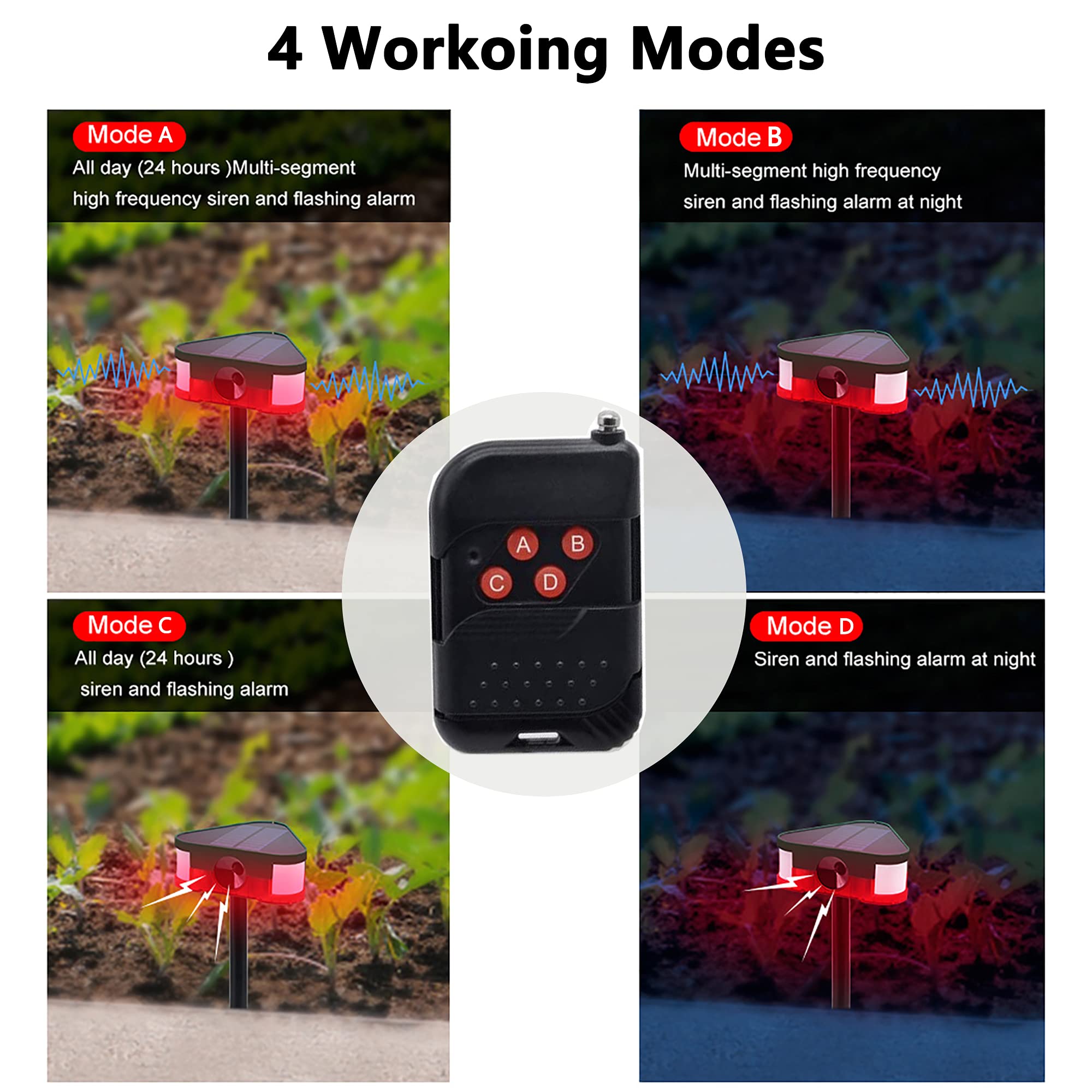 Solar Sound & Light Alarm, 360° Smart Ultrasonic Motion Sensor Alarm with Remote Controller, 3x129db Super Loud Speakers & LED Flashing Light IP65 Waterproof 4 Work Mode for Home, Farm, Barn, Yard