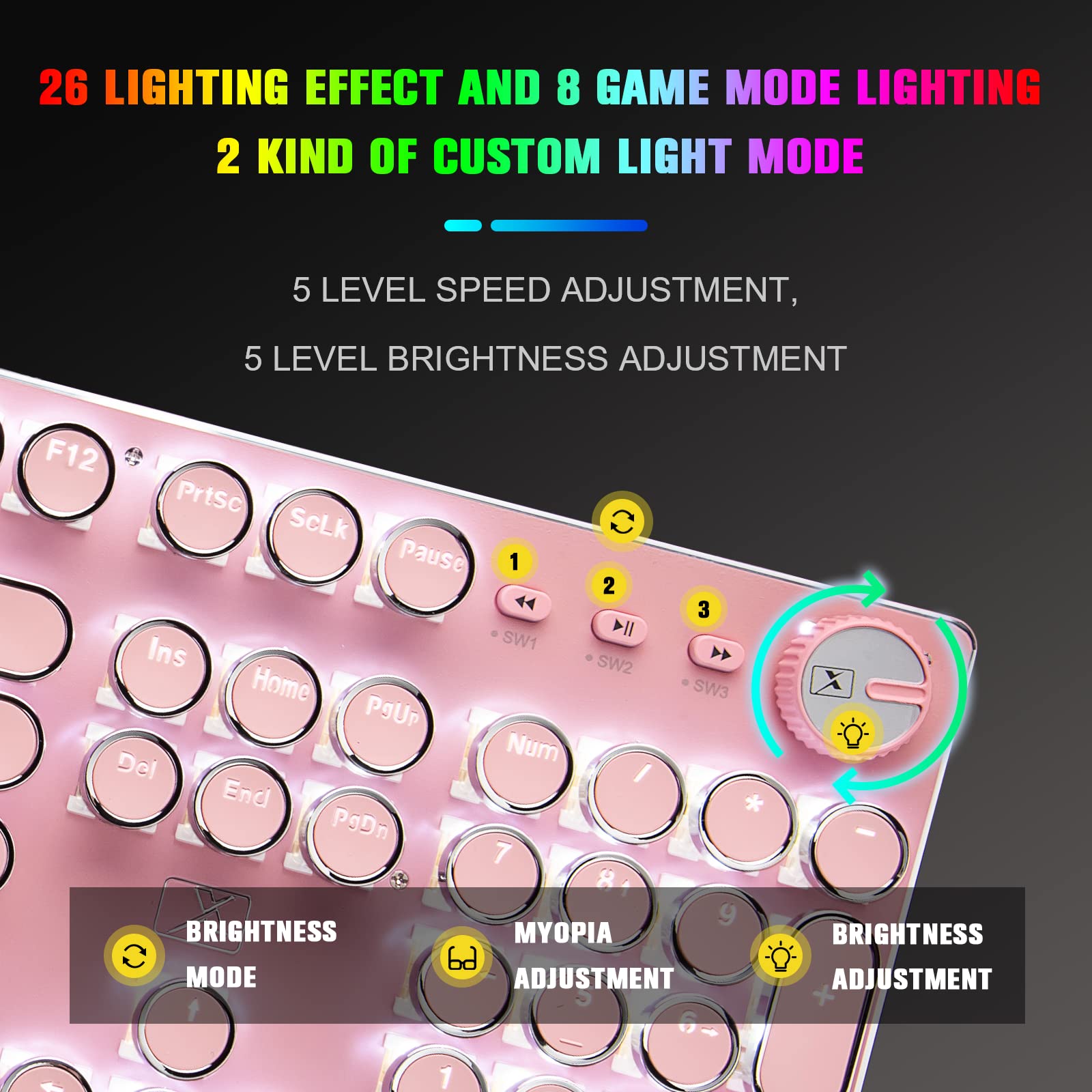 FELiCON Typewriter Pink Mechanical Gaming Keyboard and Mouse Combo White Light Retro Punk Round Keycaps Keyboard with 104 Keys Anti-Ghosting Blue Switch RGB Backlit Mouse Mice Pad for Office Work