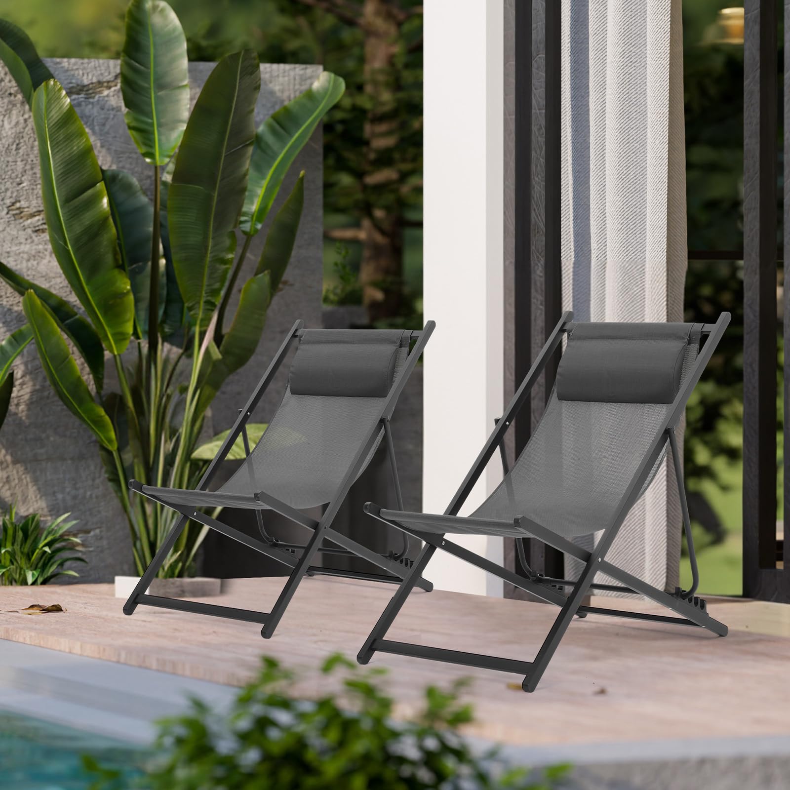 Menkxi 2 Pcs Patio Sling Chairs Outdoor Folding Poolside Chair with Pillow Adjustable 5 Levels Reclining Chairs Portable Beach Chairs Waterproof Breathable Mesh Aluminum Frame for Deck (Navy Blue)
