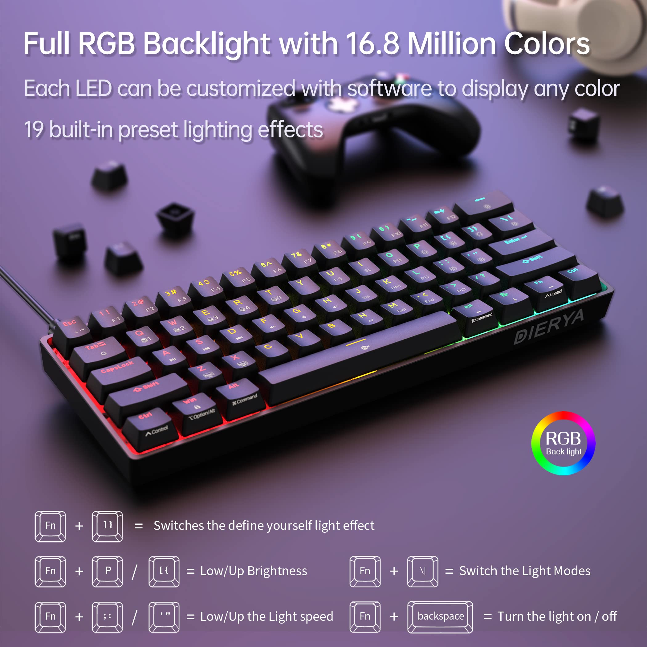 DIERYA DK61E Mechanical Gaming Keyboard, 60% Percent Keyboard w/Hot-swappable, PBT Keycap, Full Keys Programmable, N-Key Rollover, RGB Backlit, USB-C, Ultra-Compact Mini Wired Keyboard w/Red Switch