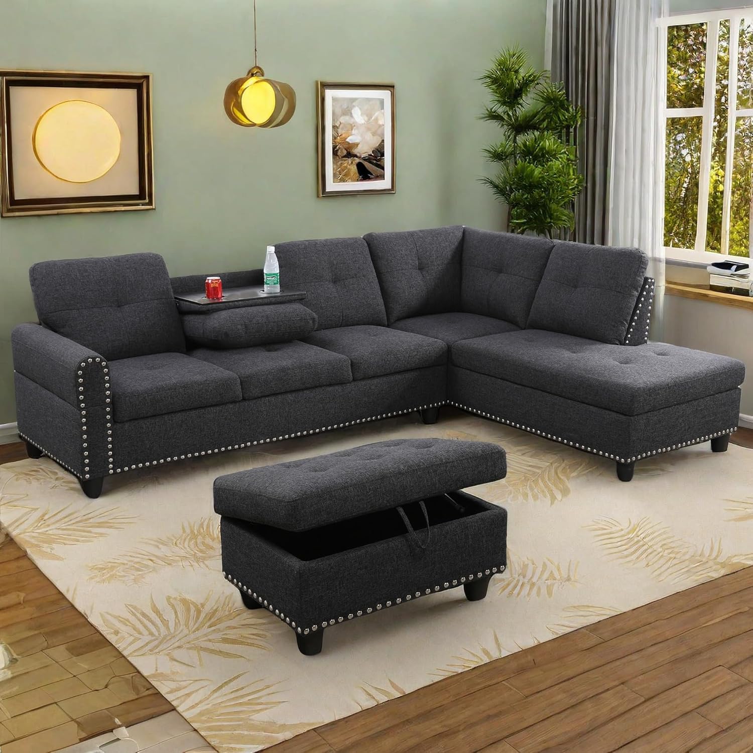 GlasFlength L Shaped Sectional Sofa with Ottoman, Nail-Head Design Linen Right Facing Modern Couches with Cup Holder for Living Room, Bedroom, Office, Dark Grey