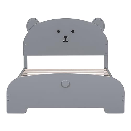 Quarte Cute Full Size Platform Bed with Bear-Shaped Headboard and Footboard, Wooden Bed Frame for Bedroom,No Box Spring Required (Gray/Bear*W)