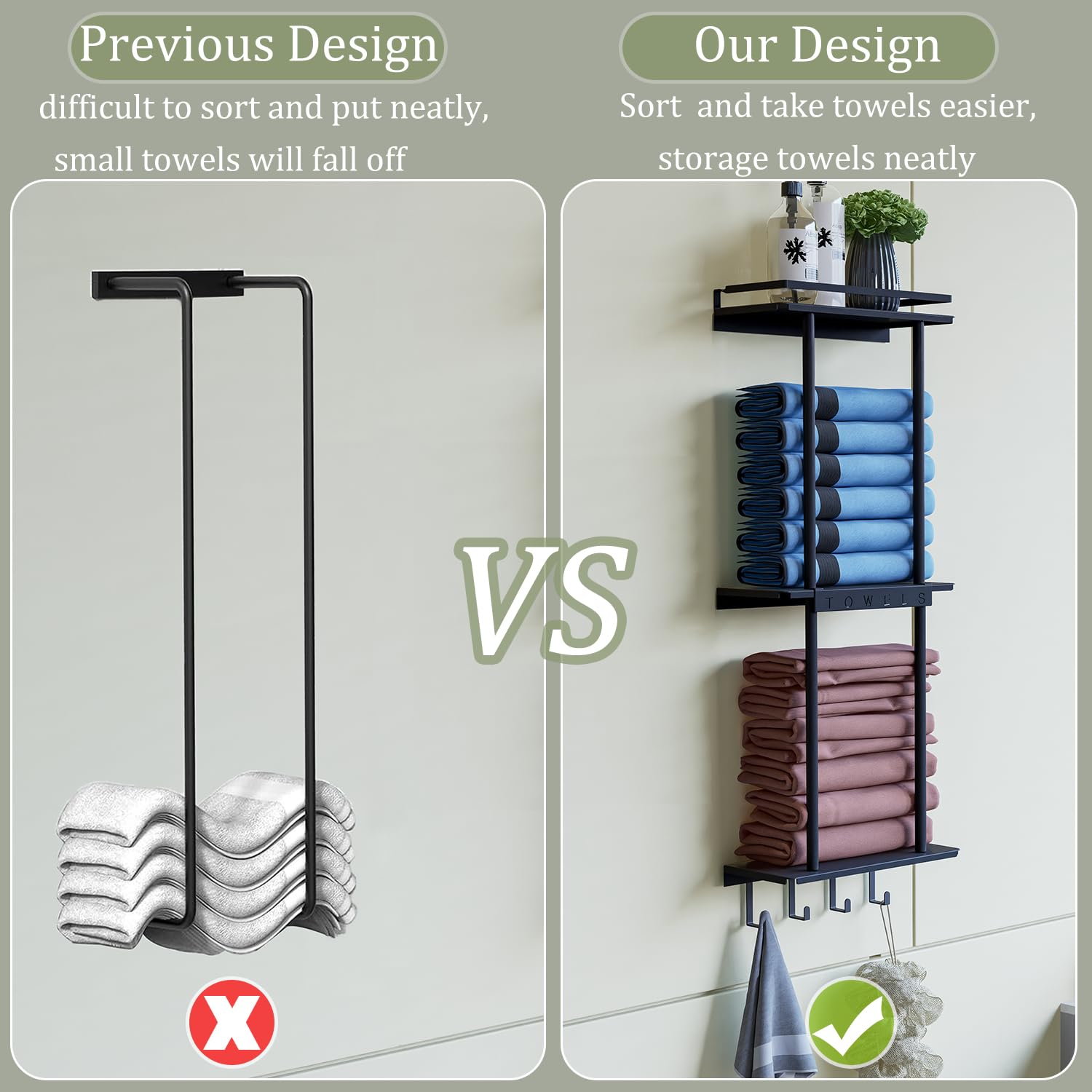 Menoeceus Towel Racks for Bathroom, Towel Rack Wall Mounted with Shelf, 3 Tier Wall Towel Holder Rack with 4 Hooks, 30 inch Bath Towel Storage Shelf for Towels Organizer, Matte Black