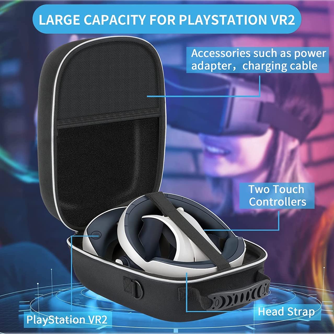 Heavy Duty Carrying Case Compatible for PS VR2, CJIABA Lightweight Travel Protective Case with Lens Protector & Cloth, Velcro Straps and Shoulder Strip for PSVR 2 Headset and Touch Controllers