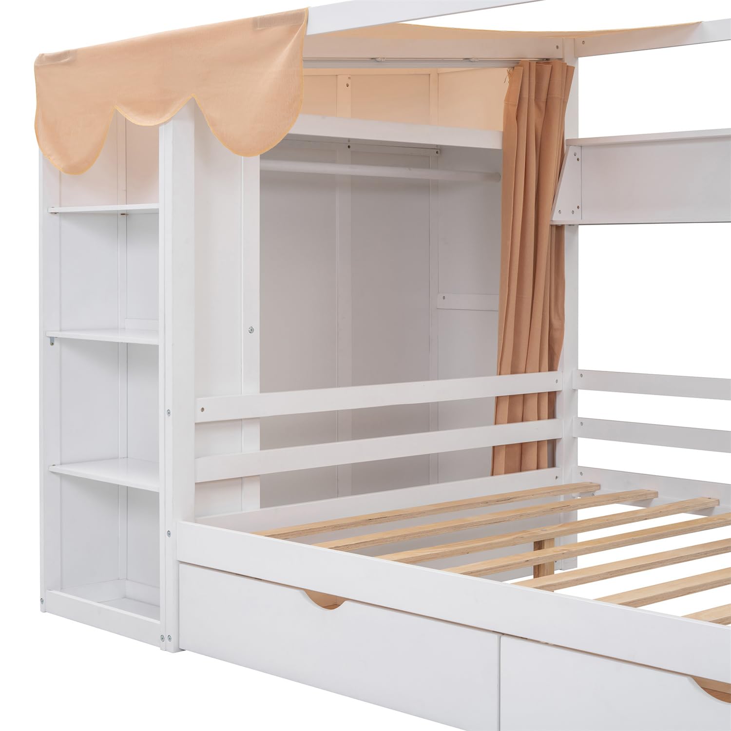 Linique Full Size House Bed with Wardrobe, Storage Drawers and Bookshelf, Solid Wood Bed Frame with Tent, White