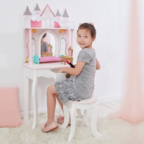 Teamson Kids Dreamland Princess Play Vanity Set with Mirror, Shelf, Storage Drawer, Stool, and Accessories for 12" Dolls, White an Pink
