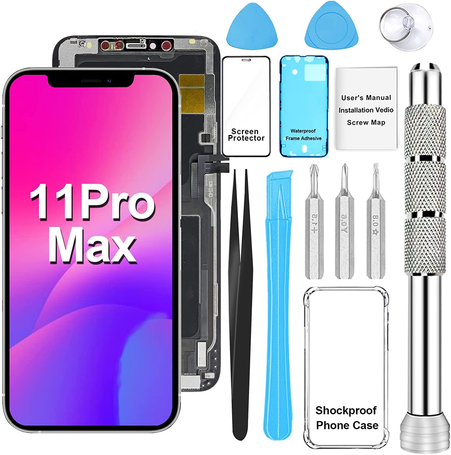 for iPhone 11 Pro Max Screen Replacement 6.5 inch 3D Touch Digitizer Frame Assembly with Adhesive,Tempered Glass, Repair Tools(A2161,A2220,A2218) LCD Display Repair Kit with Face ID
