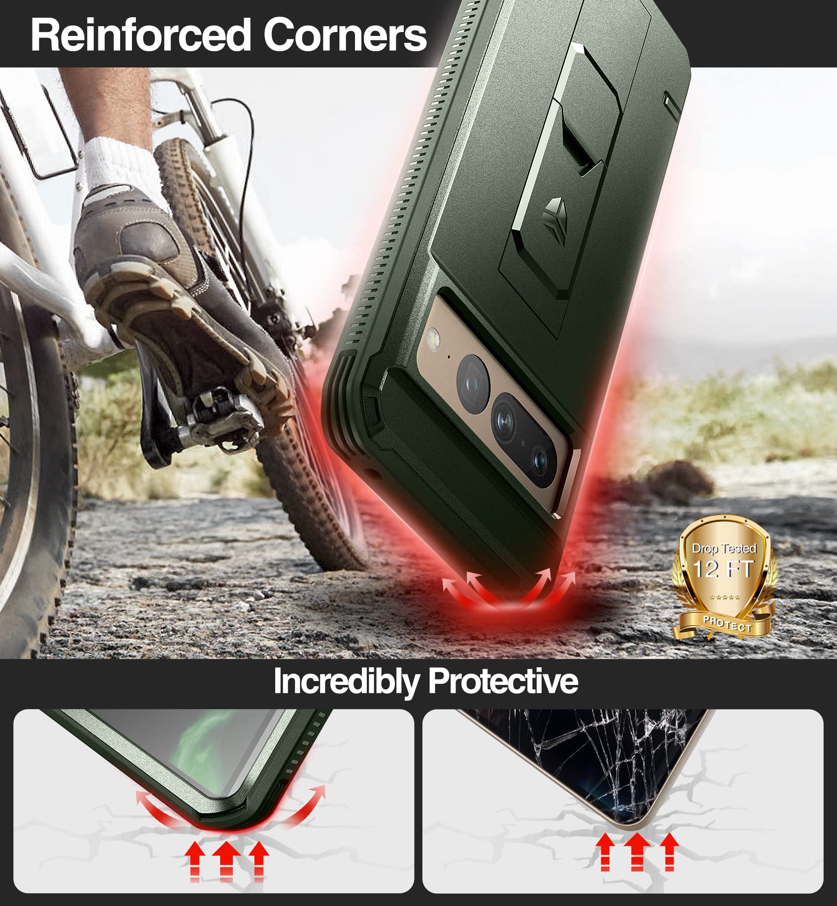 Dexnor Full Body Case for Google Pixel 7 Pro, [Built in Screen Protector and Kickstand] Heavy Duty Military Grade Protection Shockproof Protective Cover for Google Pixel 7 Pro (Military Green)