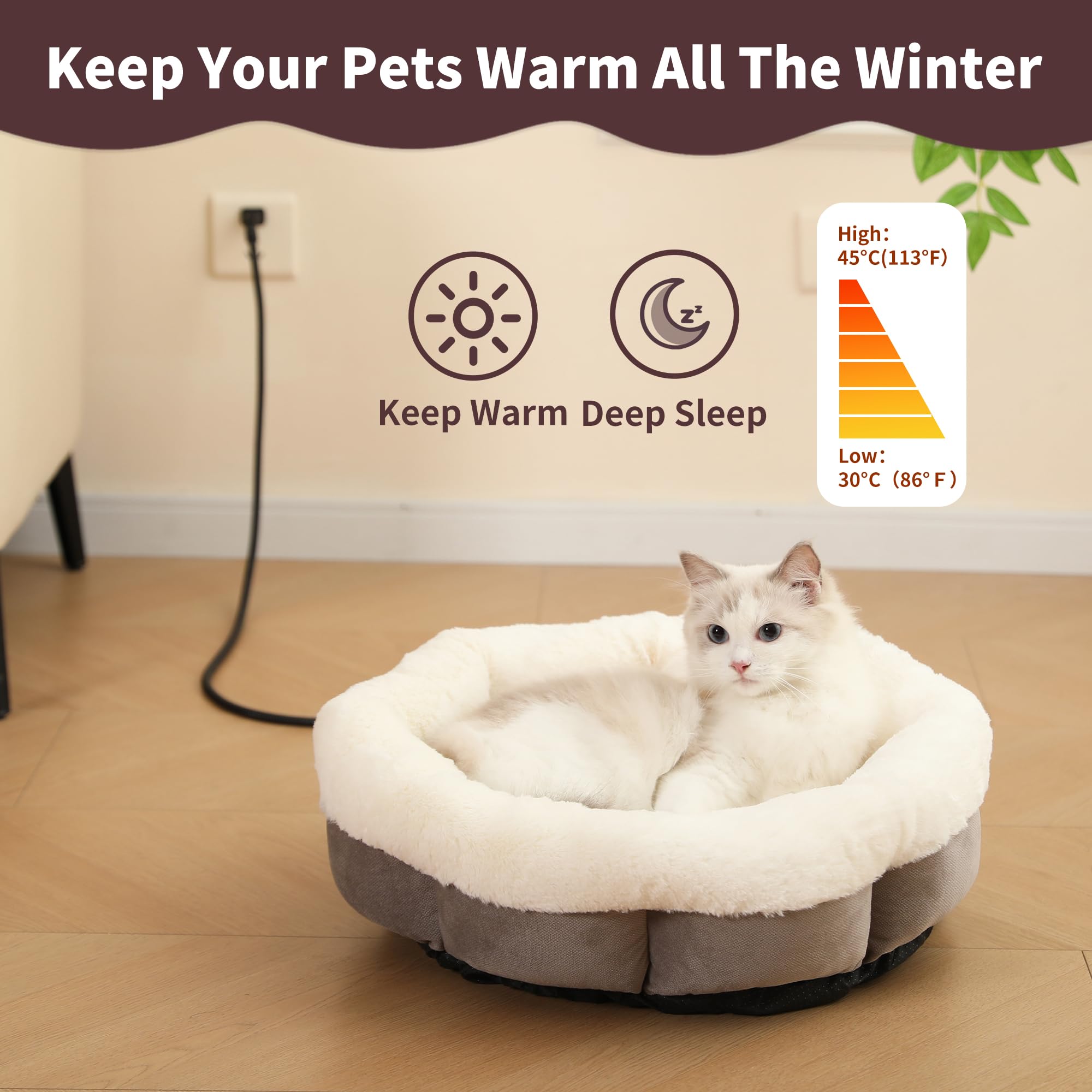 Heated Cats Bed for Kitty and Puppy,Pets Heating Pad, Heated Pets Bed with Thermostat, Washable Indoor Use Heated Cats Bed, Fluffy Warm Cats Heated Bed in Winter(20 Inches)