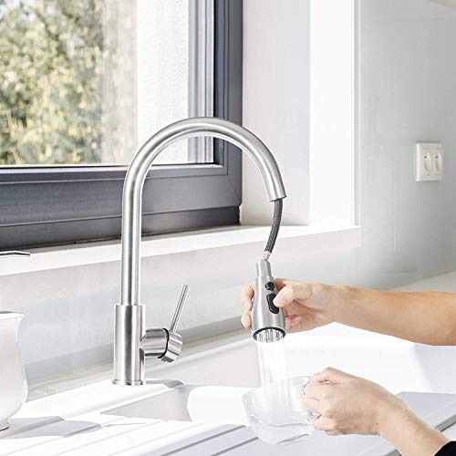 Kitchen Faucet with Pull Down Sprayer,Single Handle Kitchen Sink Faucet with Pull Out Sprayer,High Arc,Stainless Steel Kitchen Faucets with Deck Plate,Brushed Nickel KC-98001BS