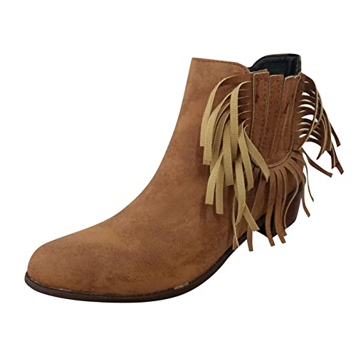 FASDNENDYS Toe Fringed Boots Thick Winter Side Zipper Women's Style Autumn Heel Boots Shoes for Girls Boots Brown