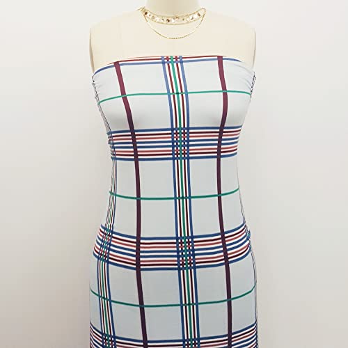 Texco Inc Checkered Plaid Pattern Printed on DTY 92% Polyester 8% Spandex Double-Sided Brushed, Pale Blue Denim 3 Yards
