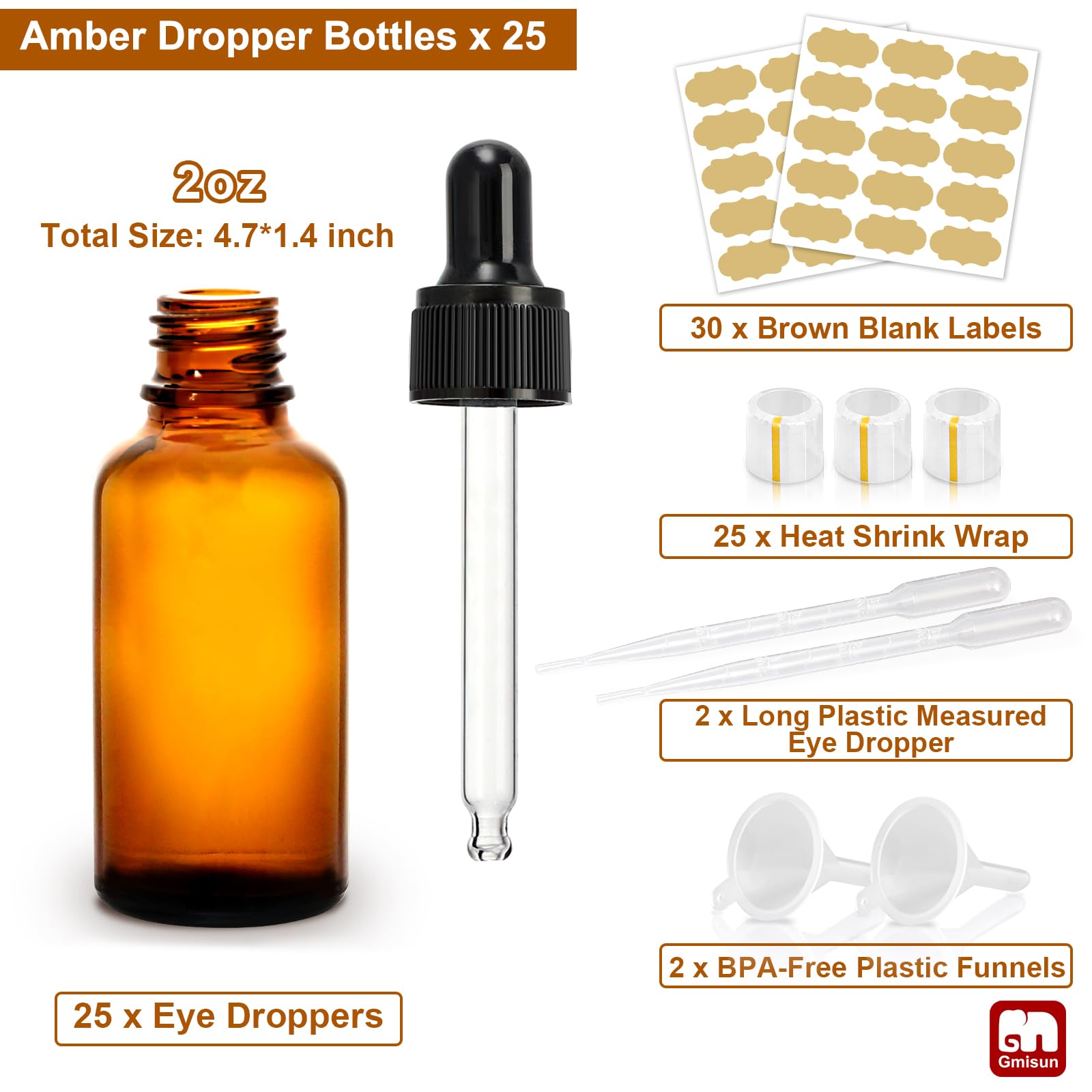 GMISUN Tincture Bottles With Dropper, 25 Pack 2 Oz Amber Glass Dropper Bottle with Eye Dropper, 60ml Empty Oil Dropper Bottle For Essential Oils, Tinctures, Medicine - with Heat Shrink Wrap