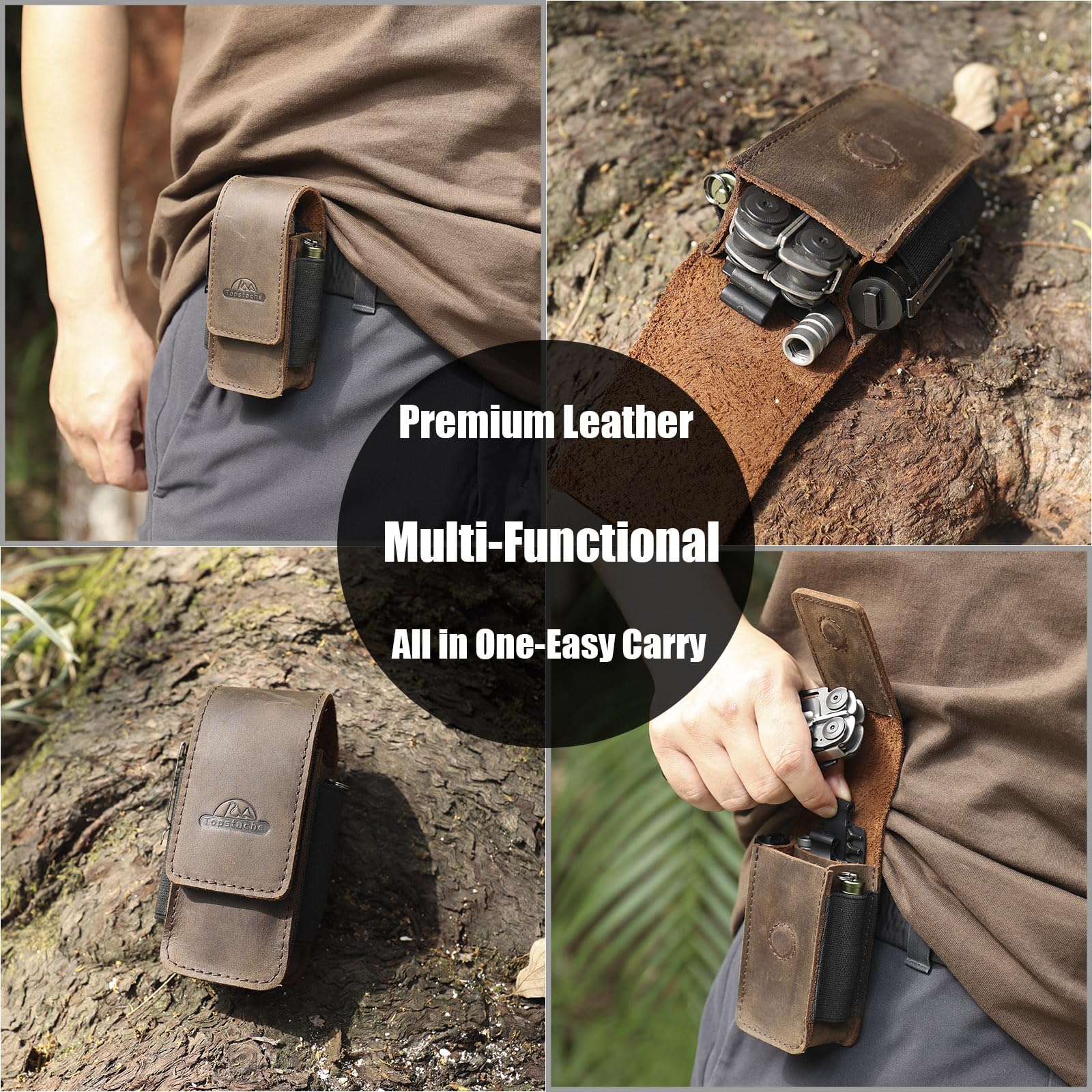 Topstache Multitool Sheath for Men - Belt Leather Multitool Holster - EDC Belt Organizer for Leatherman, Gerber - Magnetic Closure Multitool Pouch Fits Folding Tool, Darkbrown