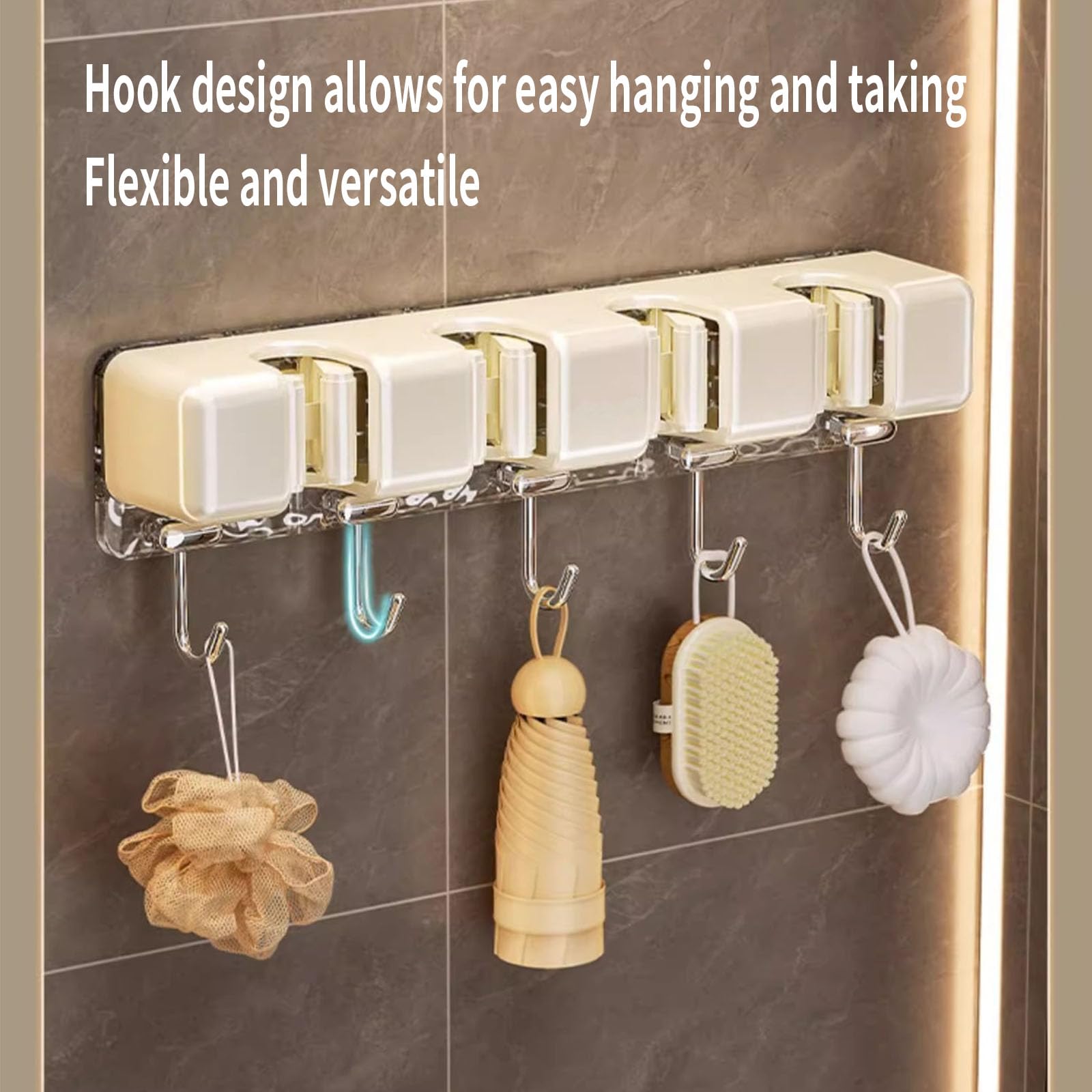Multifunctional Mop Holder with Hooks, Wall Mounted Self-Adhesive, 4 Clips, 5 Hooks (Gray)
