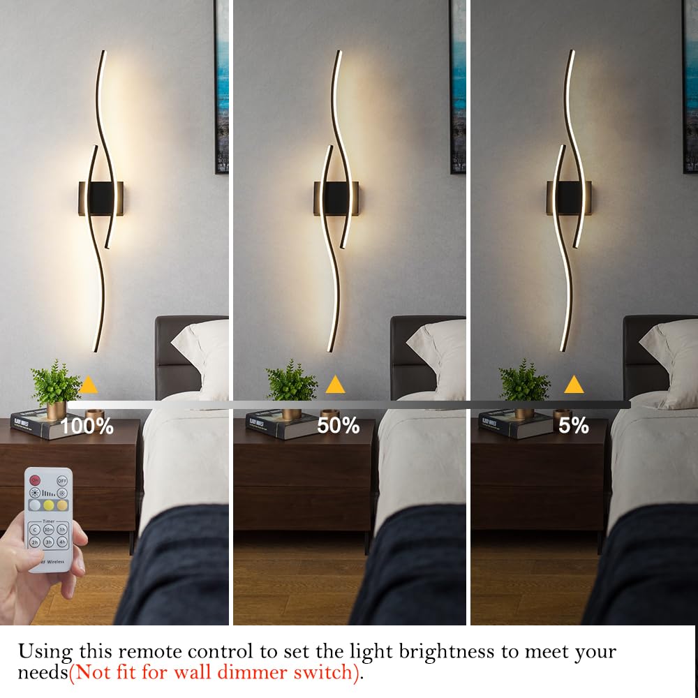 Daunton Modern Wall Sconce set of Two with Remote Control, Dimmable LED Wall Sconces Lighting set of 2, Black Wall Light with Timer, LED Wall Lamp for Bedroom Living Room Bathroom Hallway 40.5" Length