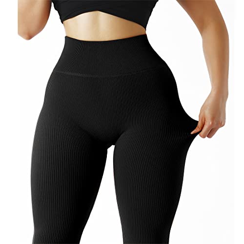 SUUKSESS Women Ribbed Seamless Leggings High Waisted Tummy Control Workout Yoga Pants (Black, L)