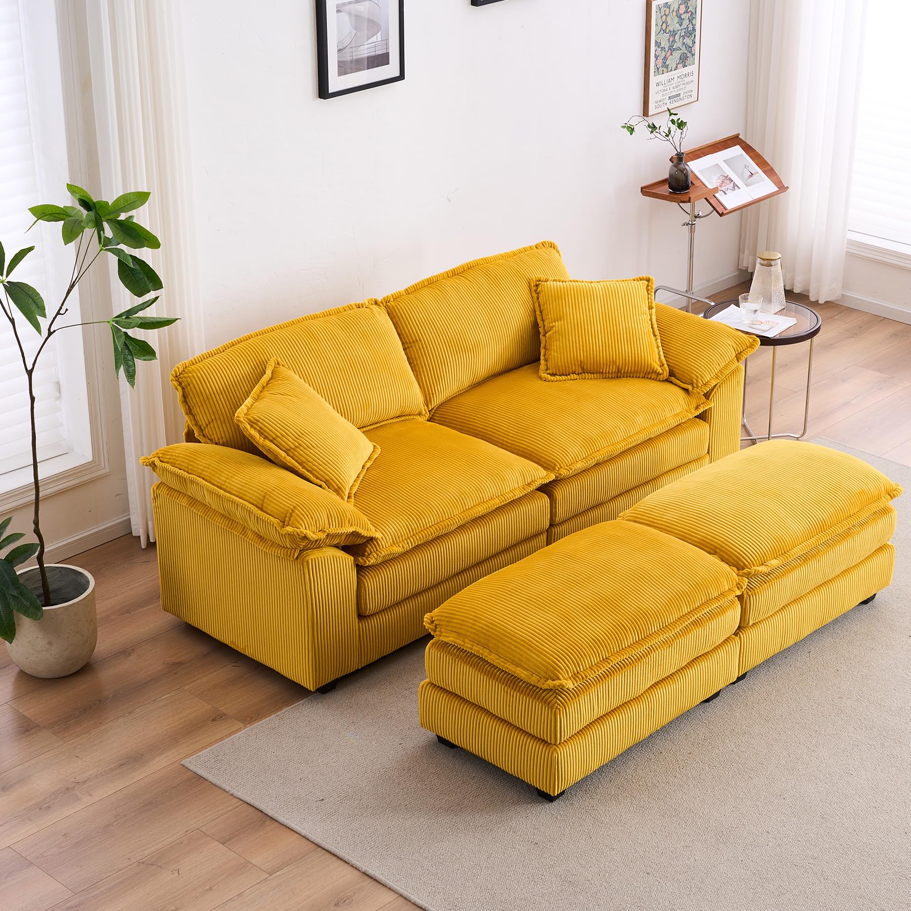 ONEMMLION 84.6" Modular Sectional Sofa Oversized Loveseat, Modern Upholstered Cloud Couch with 2 Ottoman, Comfy Corduroy Deep Seat Sleeper Sofa for Living Room, Small Space, Yellow