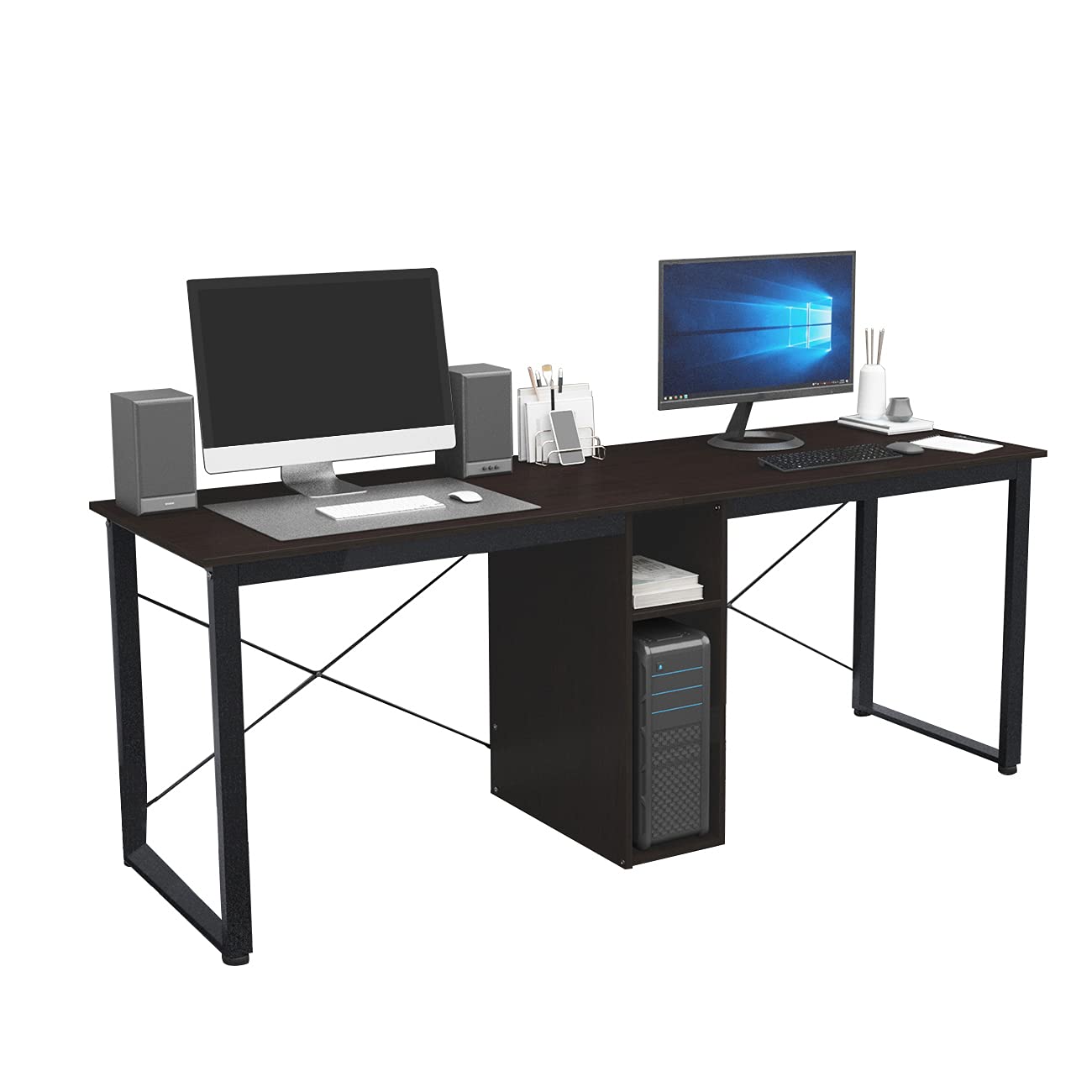 DlandHome Double Computer Storage Desk, 78 inches Extra Large Home Office 2 Person Desk Multifunction Gaming Table Workstation for Home Office, Walnut Black LD-H01