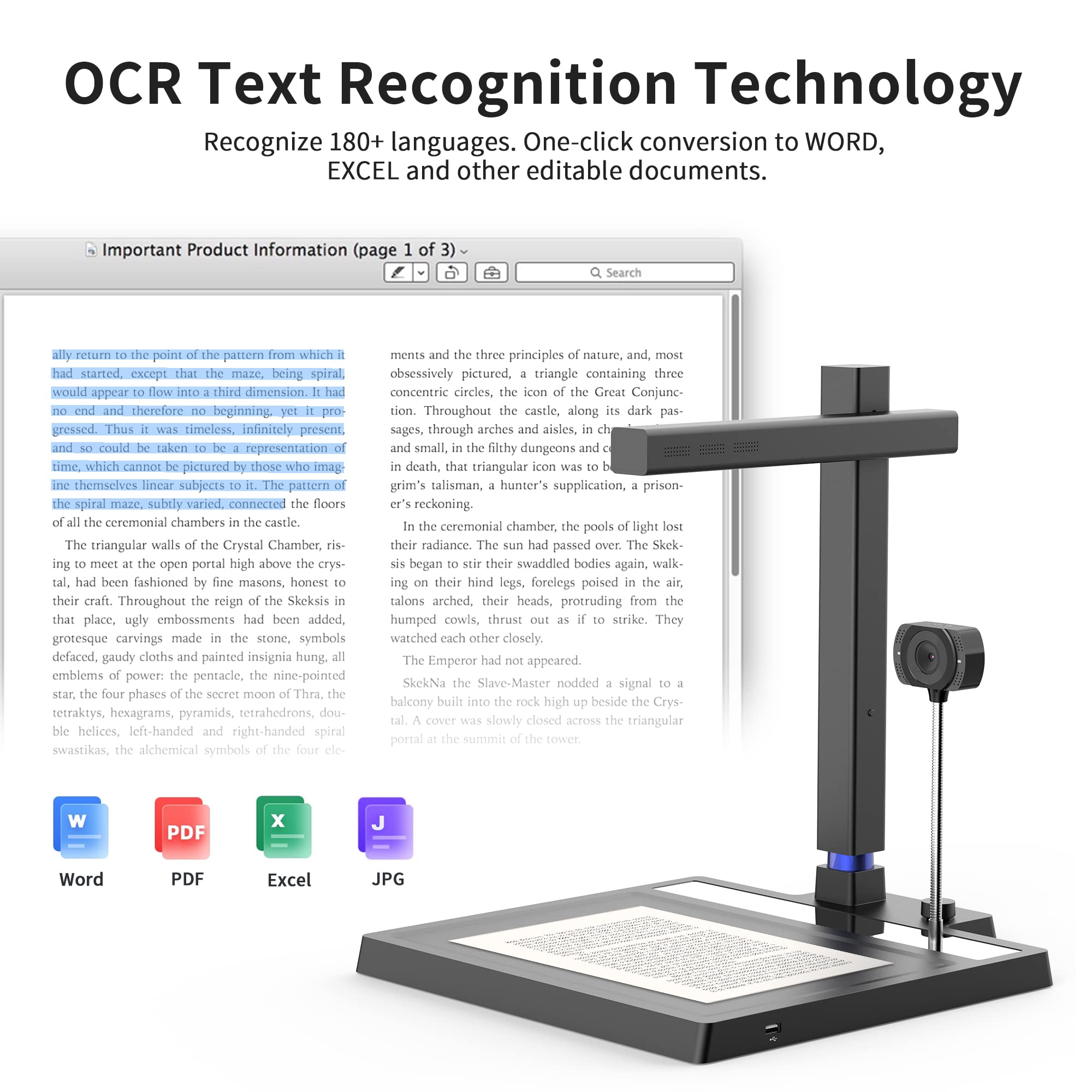 CZUR Shine 500 Surface Pro AC Document Scanner, 5MP Document Camera + 2MP Webcam+ Working Surface, A4 Document Scanner for Computer/Laptop, 180+ Languages OCR, Fast Scan 1s/Page, for PC/Mac