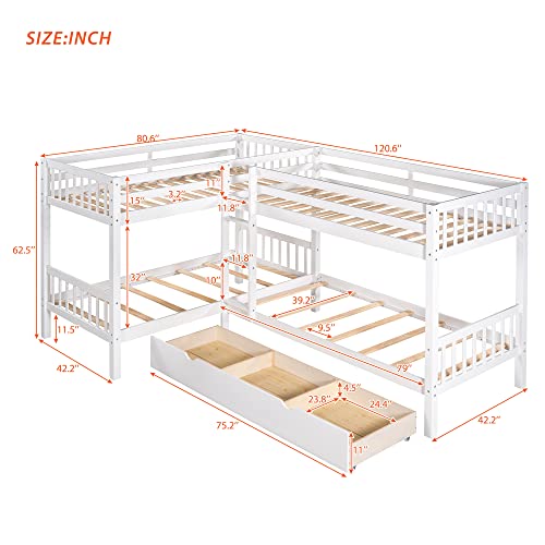 HYC L-Shaped Bunk Bed with Drawers, Bunk Bed for 4 Twin Over Twin for Boys Girls Kids Teen Wood Quad Bunk Beds Frame, White