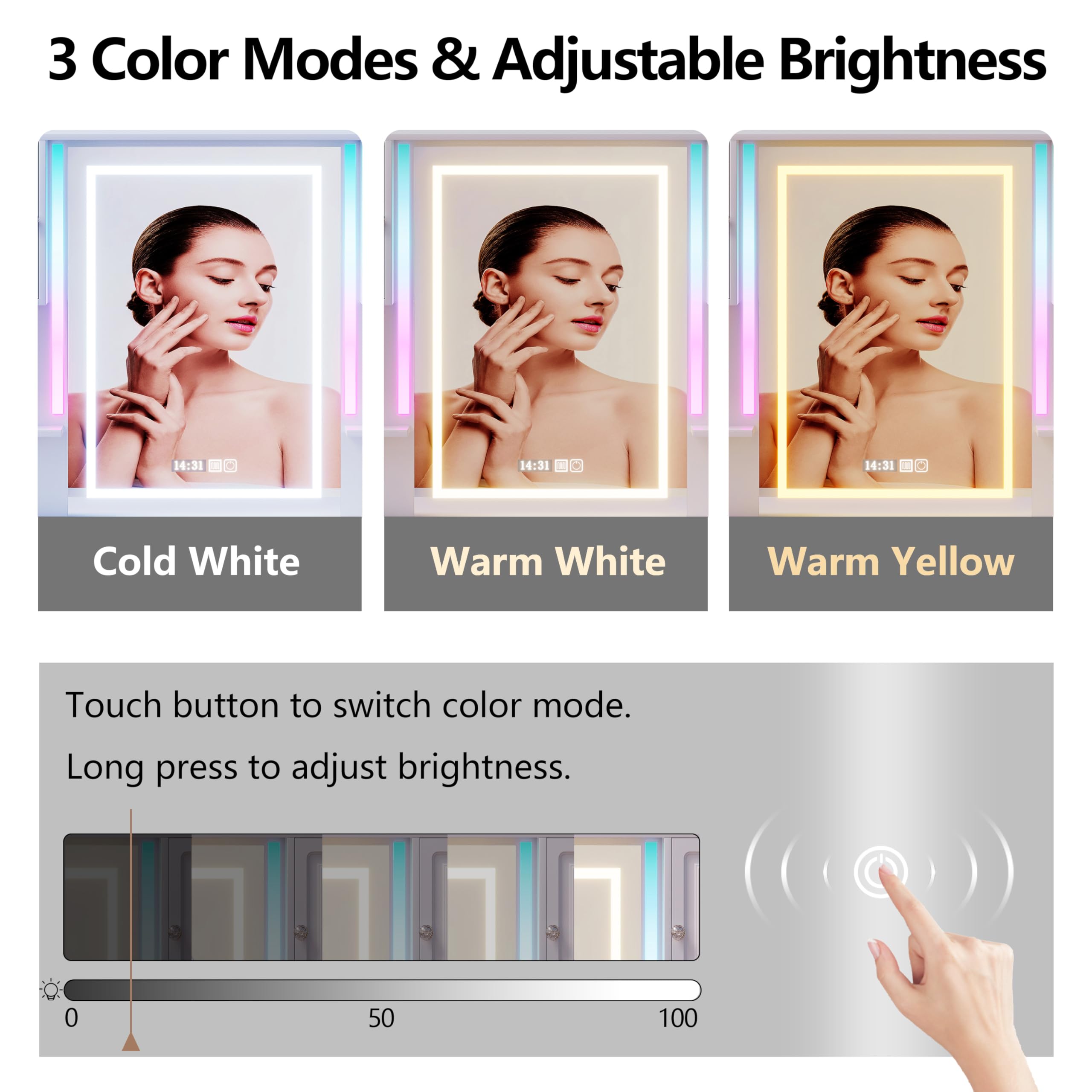 GLAUBIO Makeup Vanity Desk with Lighted Mirror & Cabinets,Makeup Vanity Set with 3 Color Modes, Brightness Adjustable Vanity Table with Drawer,White