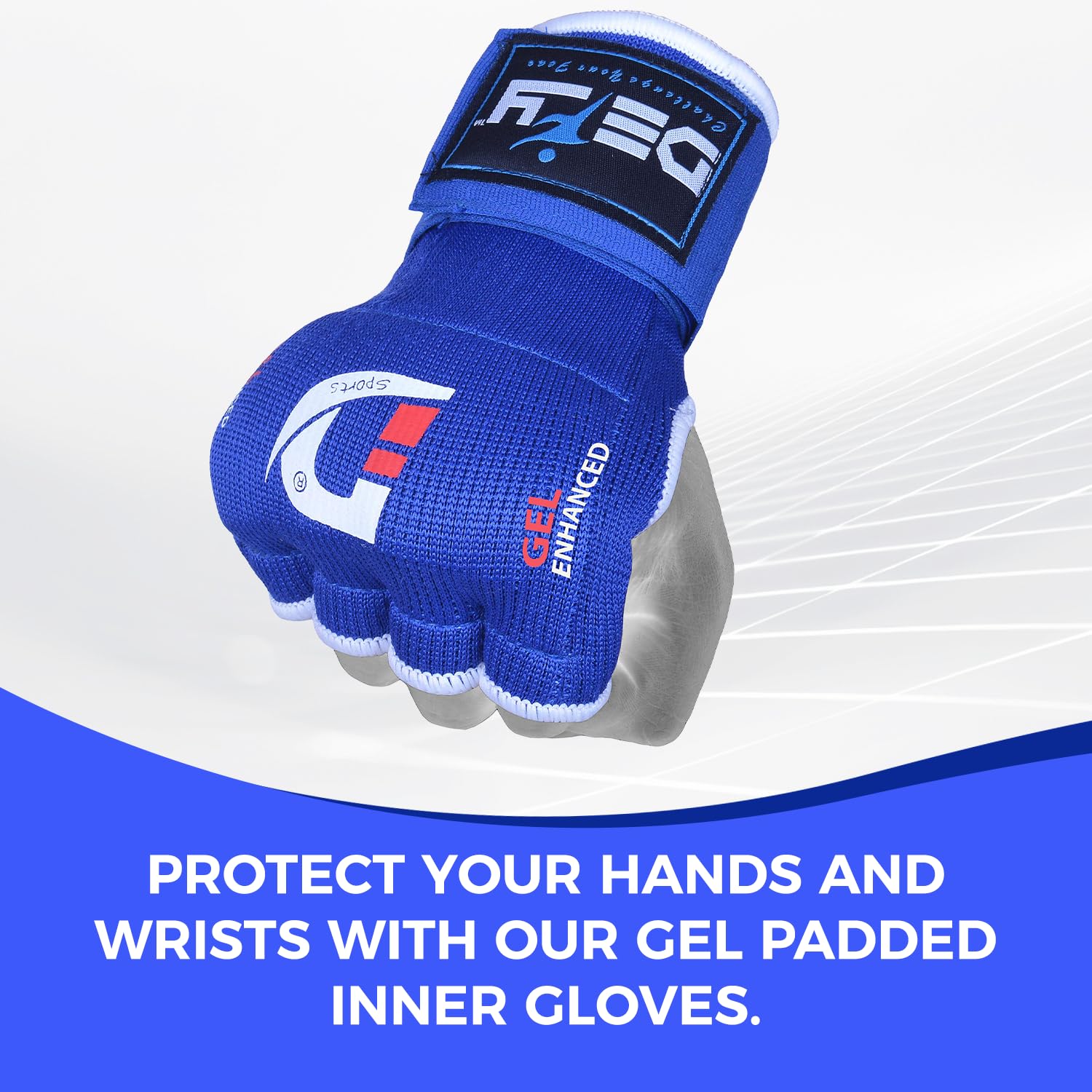 DEFY Padded Inner Gloves Quick 75cm long strap β Inner boxing gloves Gel padded knuckle protection β Elasticated boxing hand wraps for MMA Muay Thai Kickboxing Martial Arts Pair (Blue, Large)
